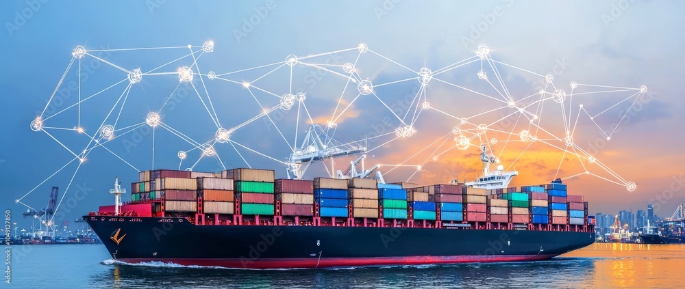 Maritime trade hub with lighted container ships and cargo vessels ...