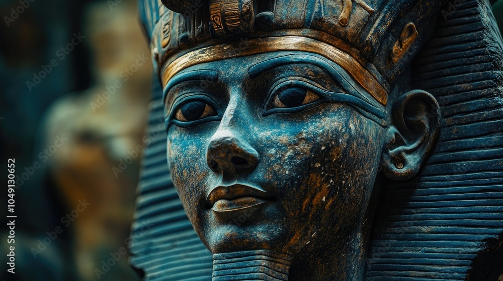A detailed close-up of an ancient Egyptian pharaoh's relief carved into ...