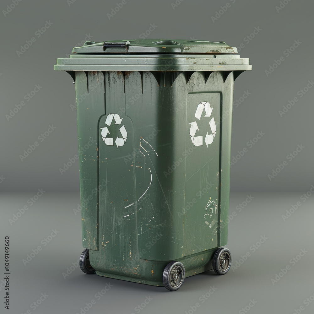 A green recycling bin with visible wear sits on wheels, featuring ...