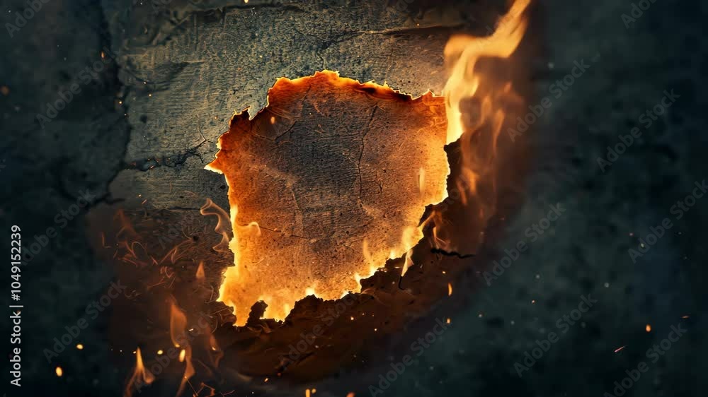 Burning hole in cracked wall with flames, dramatic texture. destruction ...