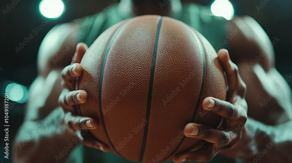 A close-up shot captures the powerful hands of a basketball player ...
