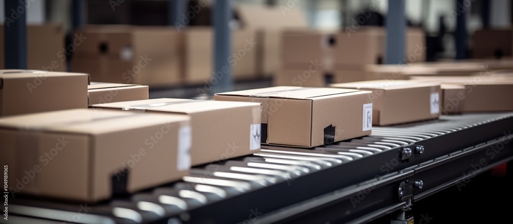 Cardboard boxes on conveyor belt in warehouse. Packaging service and ...