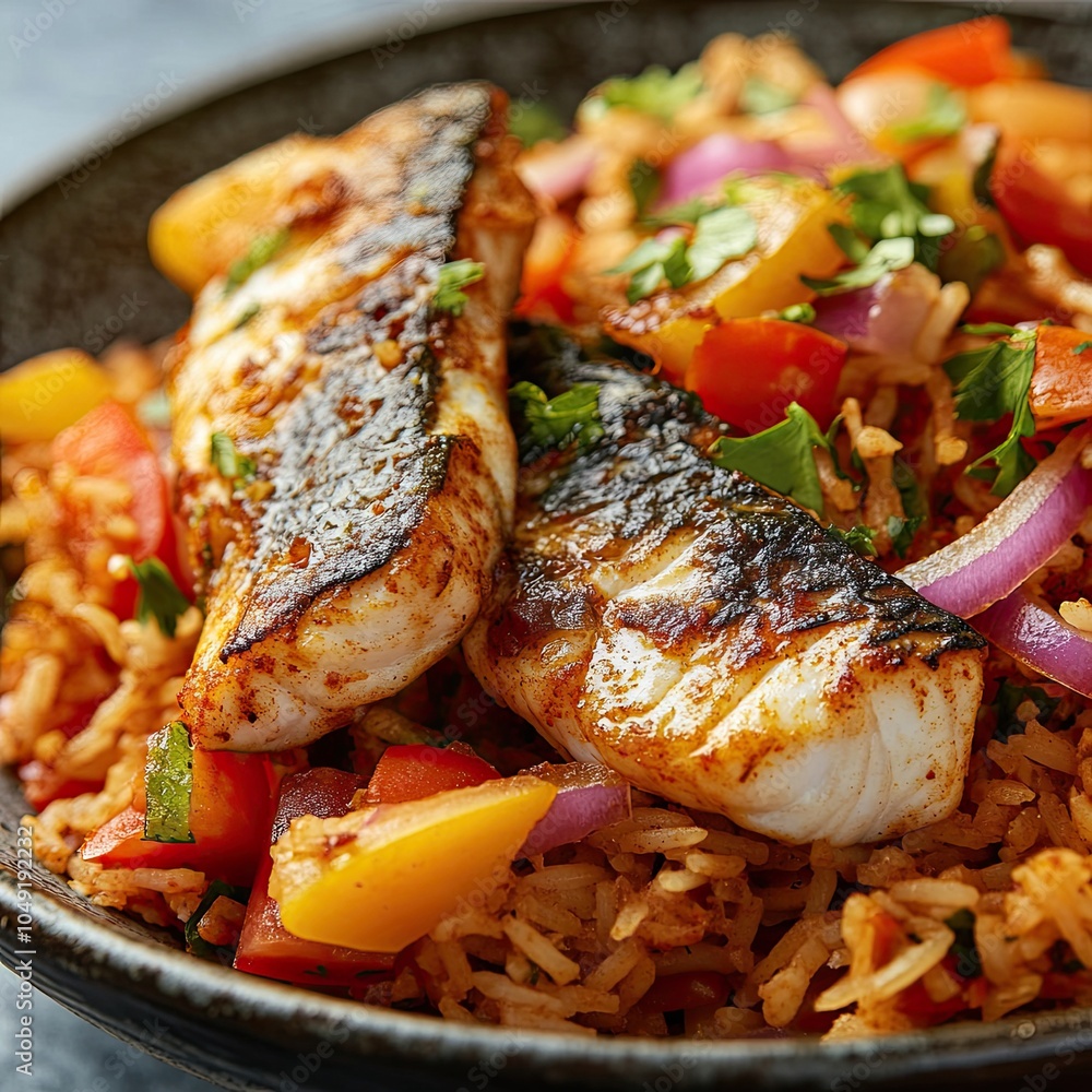 Jerk haddock and jollof rice salad, Caribbean flavors. Close up, space ...