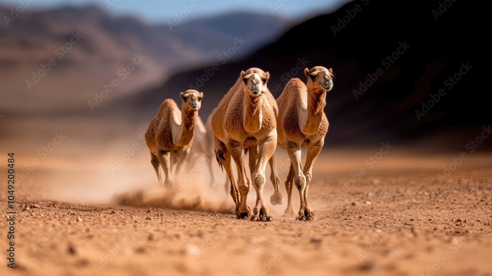 Three camels move confidently across the desert terrain, leaving trails ...