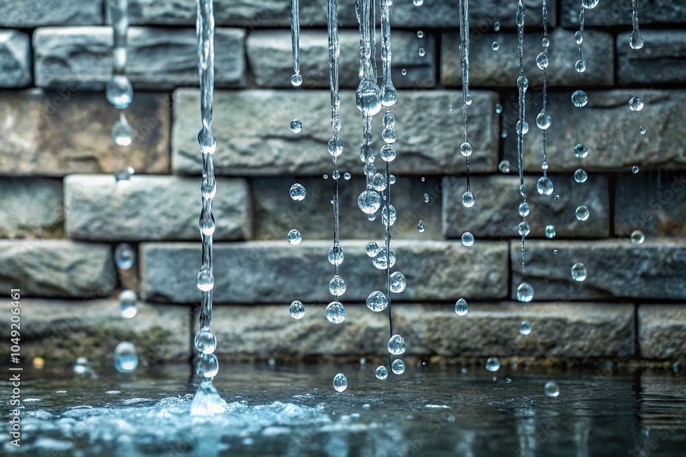 water droplets falling from a gray stone wall, dripping, landscape ...