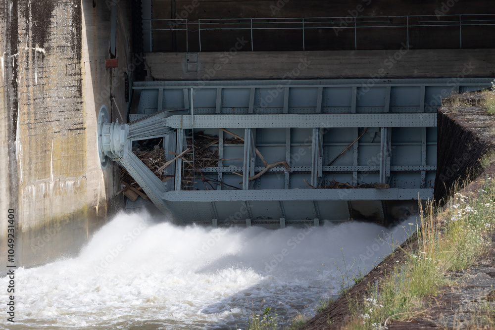 A view of the steel gate at the bottom of the water dam. Driftwood is ...