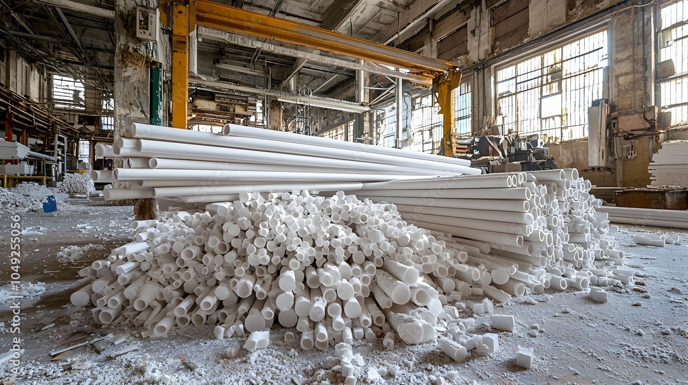 Stacks of freshly extruded PVC pipes drying and cooling in the interior ...