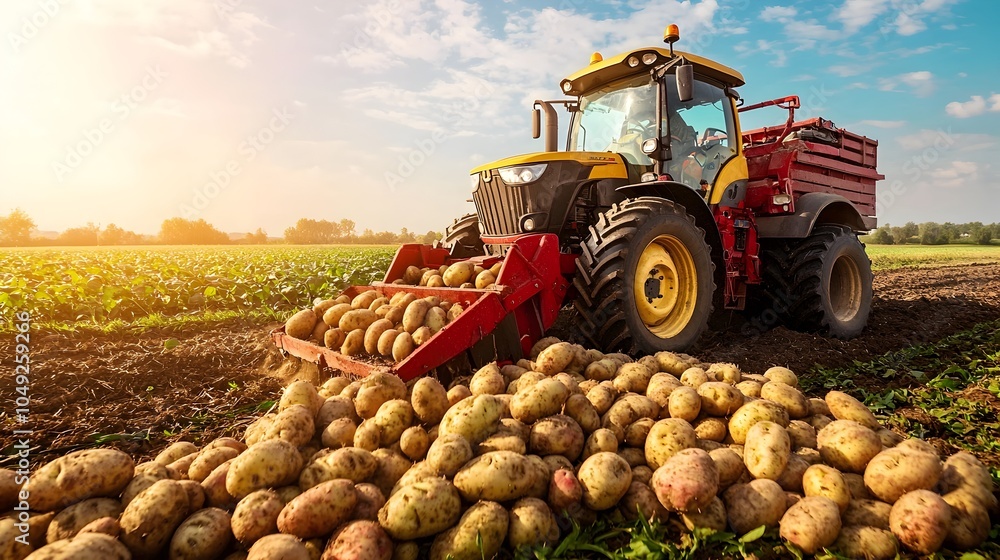 Tractor loading a trailer with freshly harvested potatoes on a rural ...