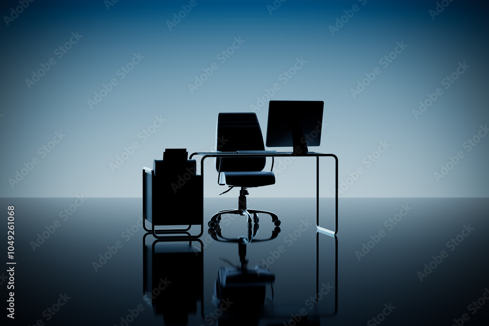 Empty Office Desk with a Chair and Monitor in Backlight, in Front of a ...