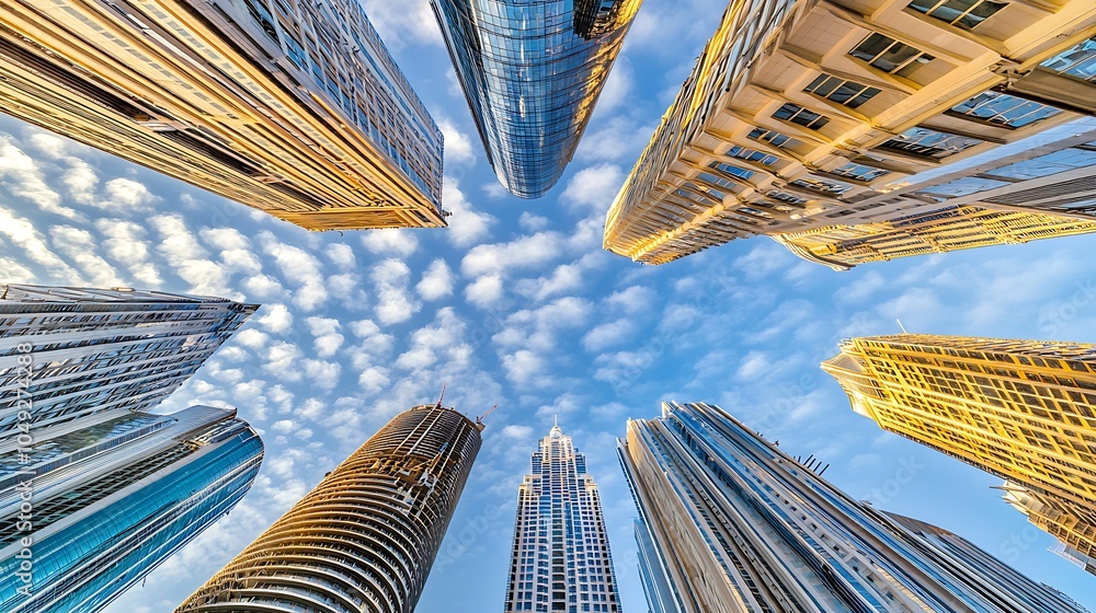 Upward Perspective of Dramatic Skyscrapers Against Blue Sky with Lush ...