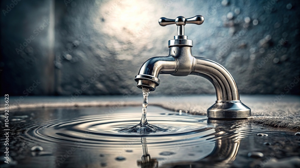 Silvery liquid drips from a twisted metal faucet into a murky puddle on ...