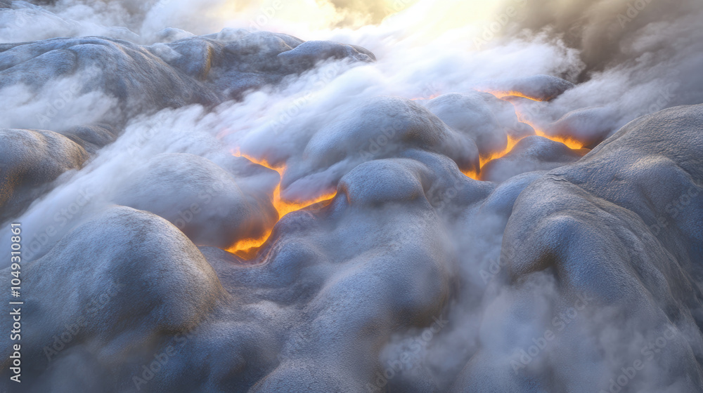 Molten lava flows beneath layer of smoke and steam, creating dramatic ...
