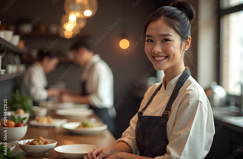 A Chinese female chef, wearing a chef's jacket and hat, smiles ...