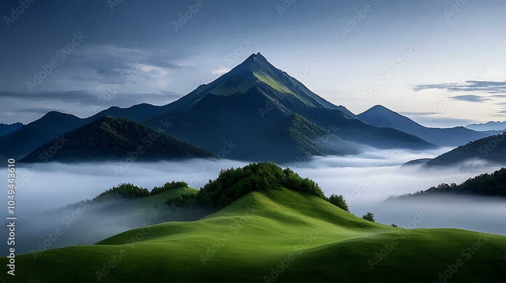 Mountain range bathed in soft morning light with clouds drifting below ...
