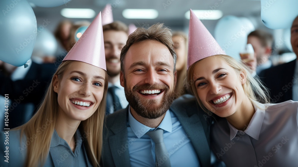 Cheerful group of young professionals celebrating with party hats and ...