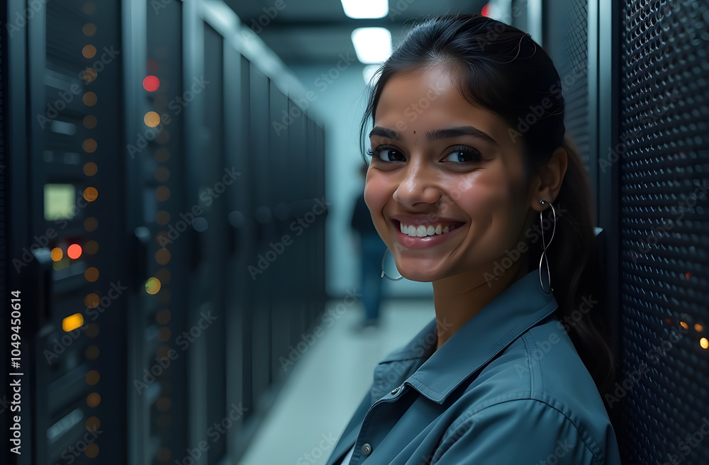 A smiling Indian woman system administrator stands in a server room ...