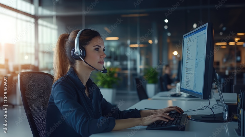 High-resolution photorealistic image of a woman wearing a headset in a ...