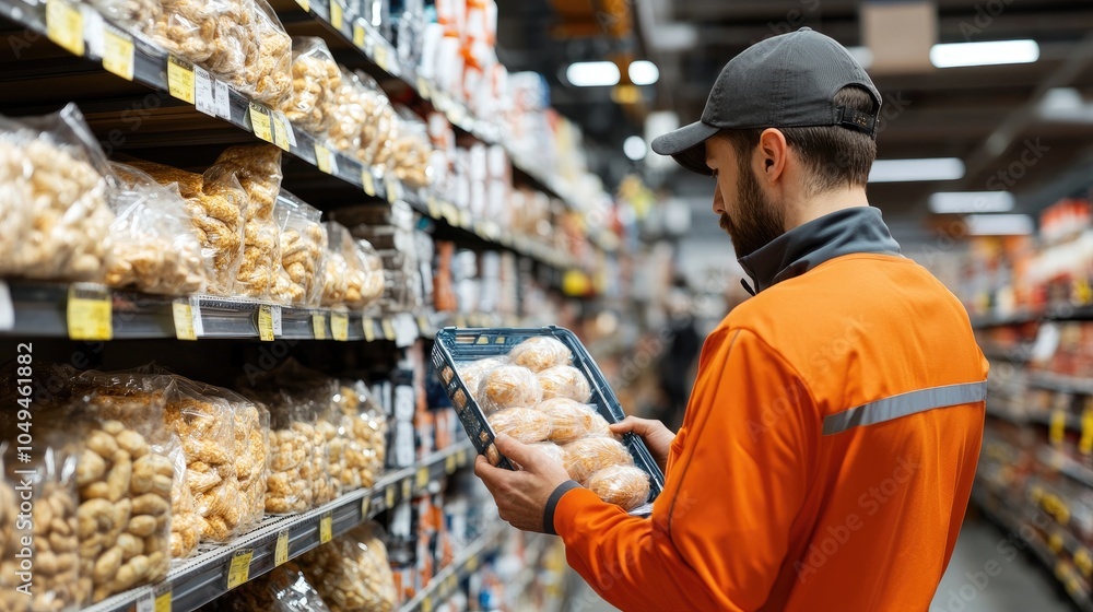 Back view of a staff member checking merchandise in a supermarket Stock ...