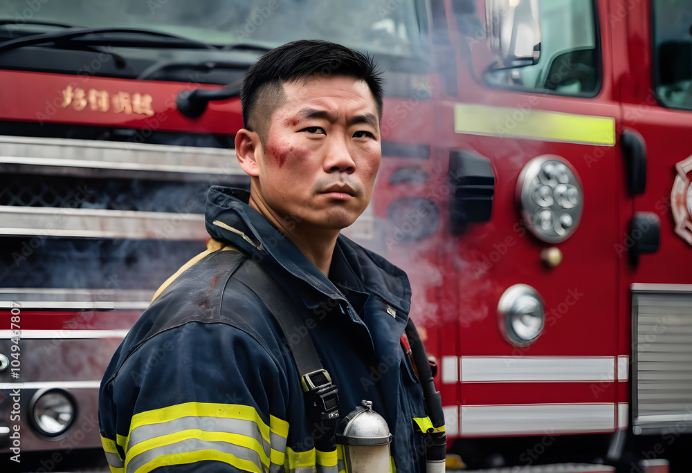 This scene shows a chinese male firefighter in full protective gear ...