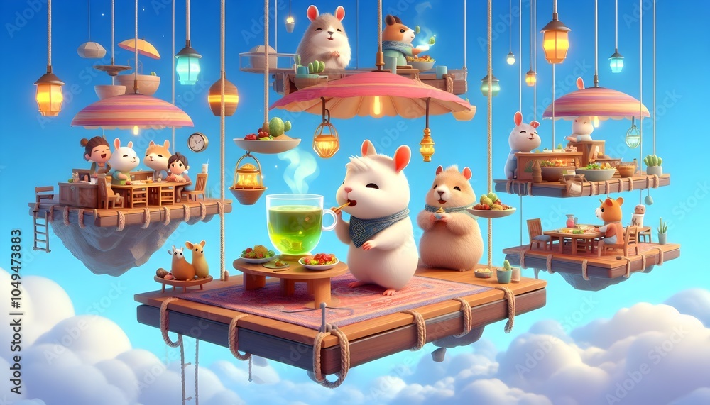 cartoon characters enjoy quirky snacks at a floating café run by guinea ...