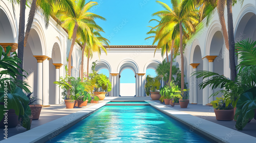 Luxury resort hotel holiday destination with arcade arc and pool for ...