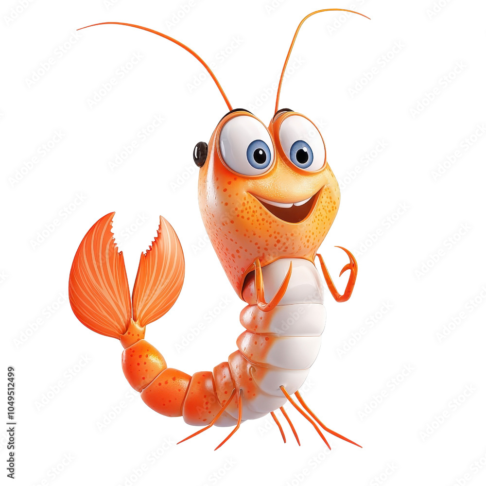 A 3D cartoon shrimp character, isolate on white background, with ...