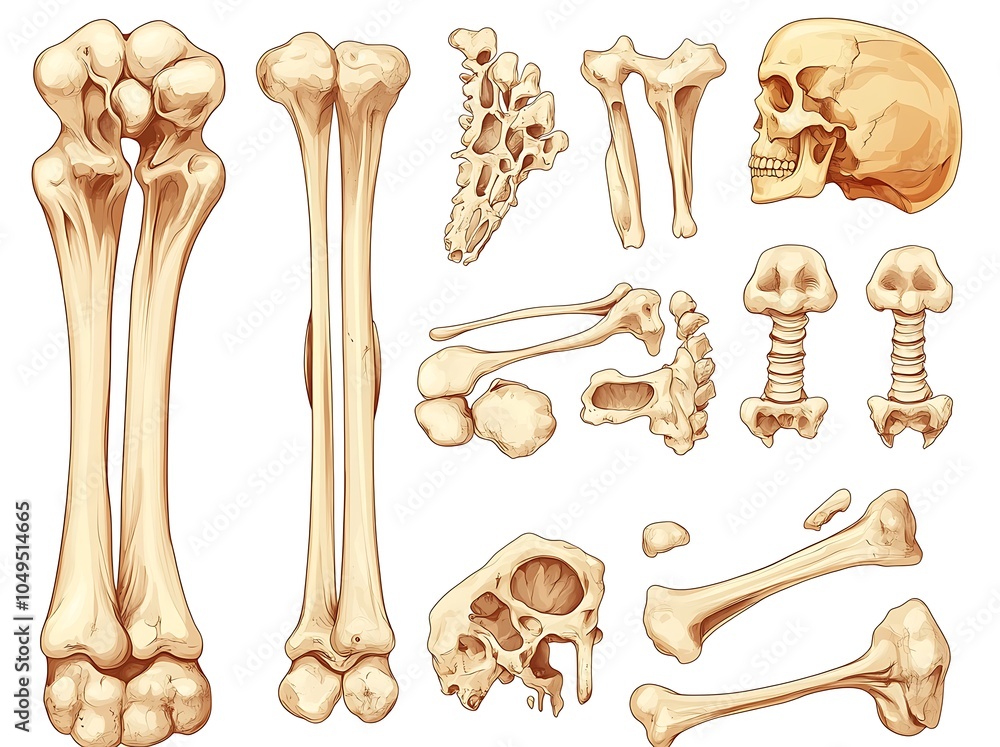A detailed anatomical illustration of human bones and a skull ...