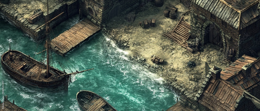 This seaside battlemap showcases intricate docks and a shipwreck ...