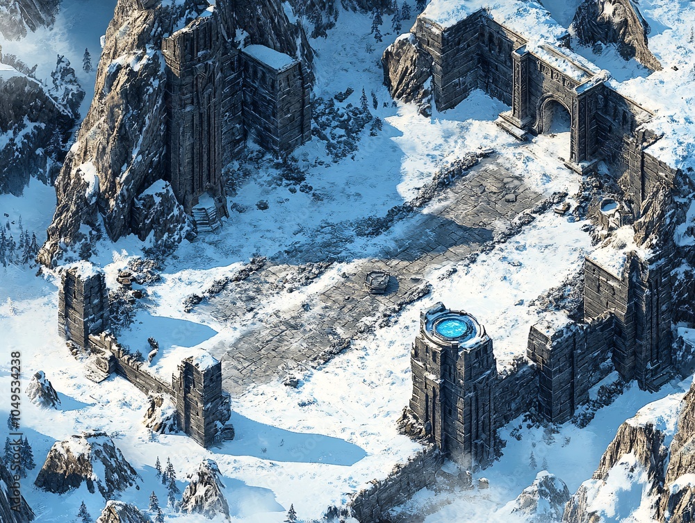 A detailed mountain pass battle map showcasing ancient ruins in a snowy ...