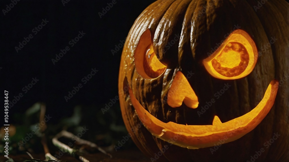 A close-up of a carved pumpkin with an intensely menacing face, lit ...
