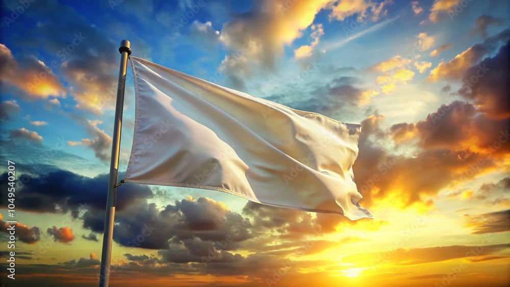 Blank White Flag Waving in Wind Against Cloudy Sunset Sky - Outdoor ...