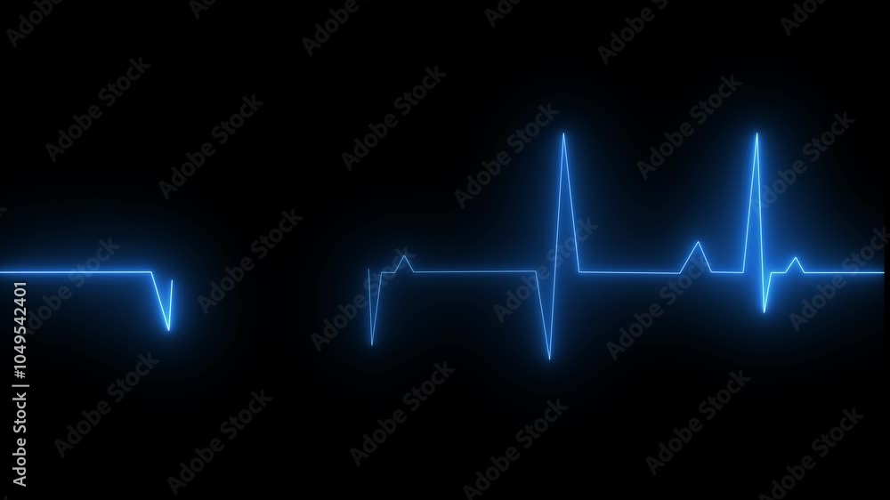 Heart beat pulse. Glowing neon blue heart cardiogram line on dark ...