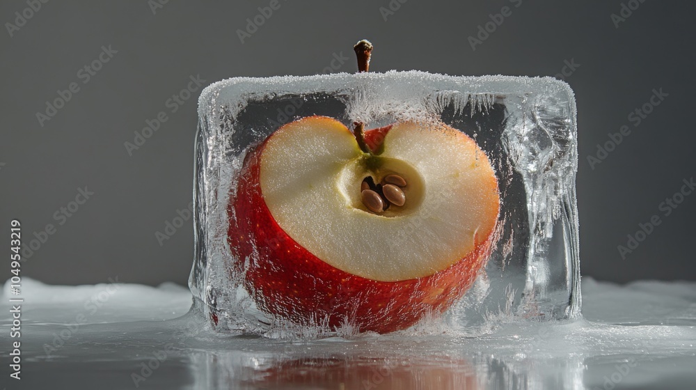 2410_008.suspended fruit in ice, cross-section of apple with visible ...