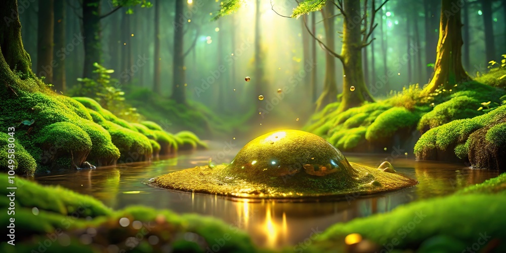A small, shimmering pool of gold slime sitting atop a layer of thick ...
