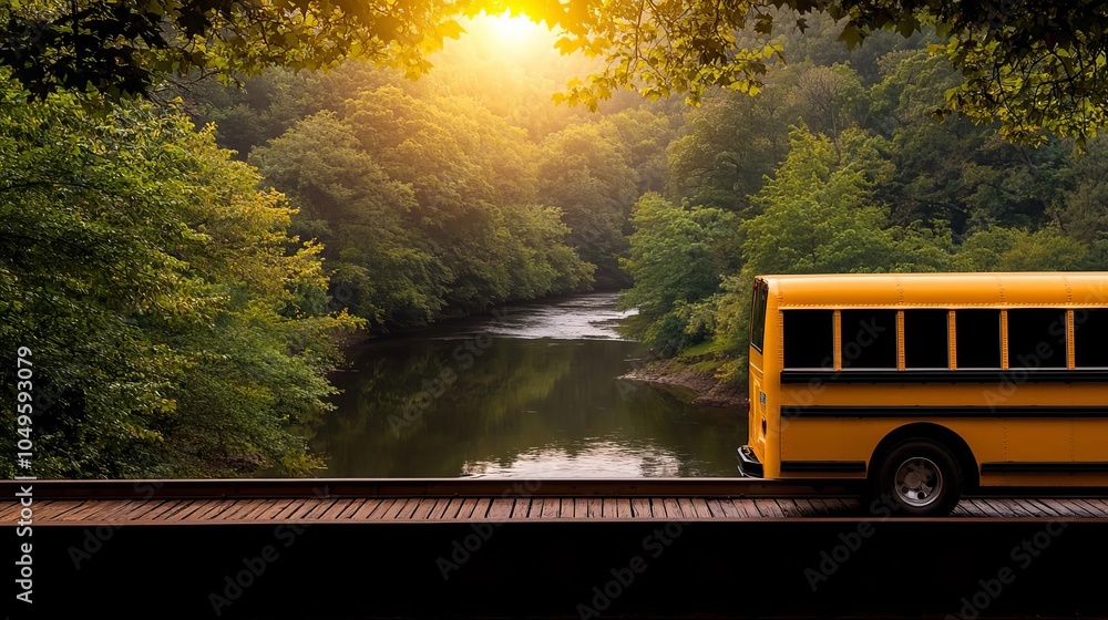 School Bus Crossing a Bridge, with beautiful scenery of a river below ...