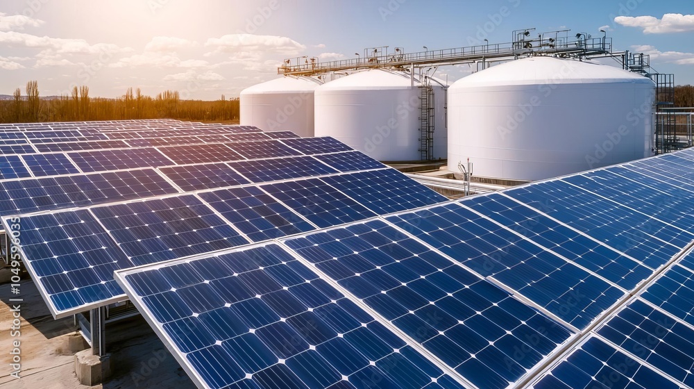 Industrial fuel tanks with reflective solar panels, integrating ...