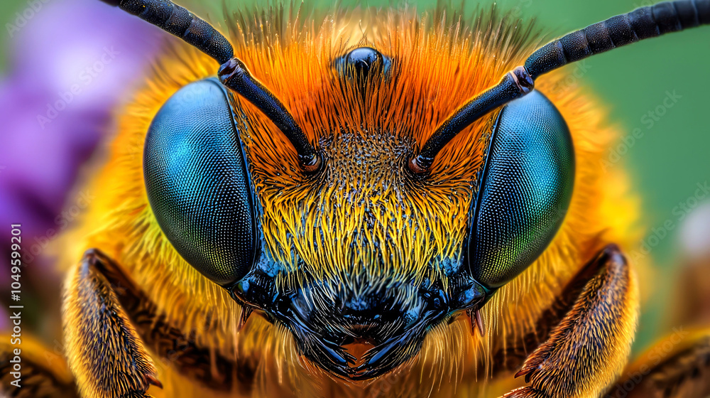 A close-up shot of a bee's face, showing its large compound eyes, fuzzy ...