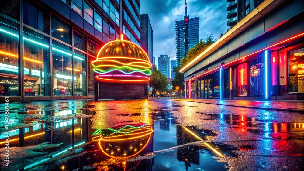 Neon Fast Food Sign at Night with Vibrant Colors and High Dynamic Range ...