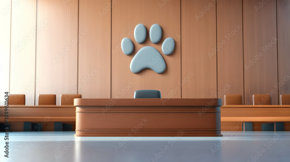 The judge’s bench in a courtroom with a prominent paw print ...