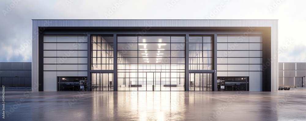 Frontal view of a modern industrial storage facility, sleek steel and ...