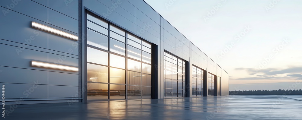 Frontal view of a modern industrial storage facility, sleek steel and ...