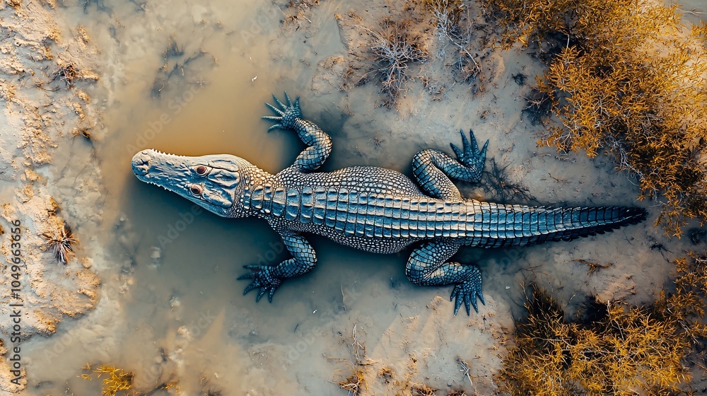Aerial view of a crocodile resting on muddy terrain, surrounded by ...