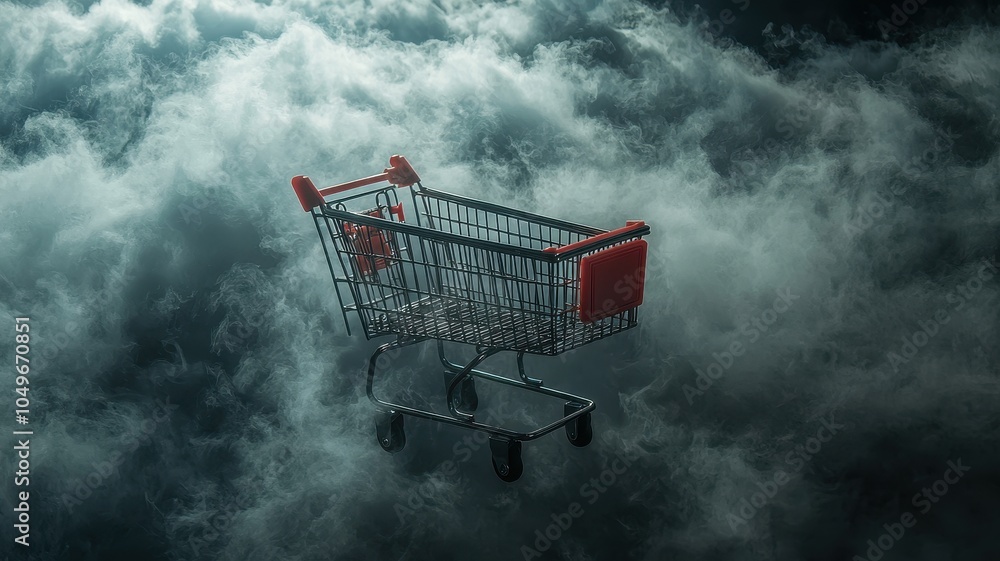 Floating shopping cart in a dramatic cloud background, representing ...