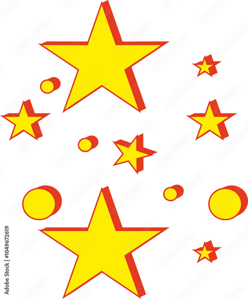 a pattern of yellow stars and circles with red outlines on a white background. There are various ...