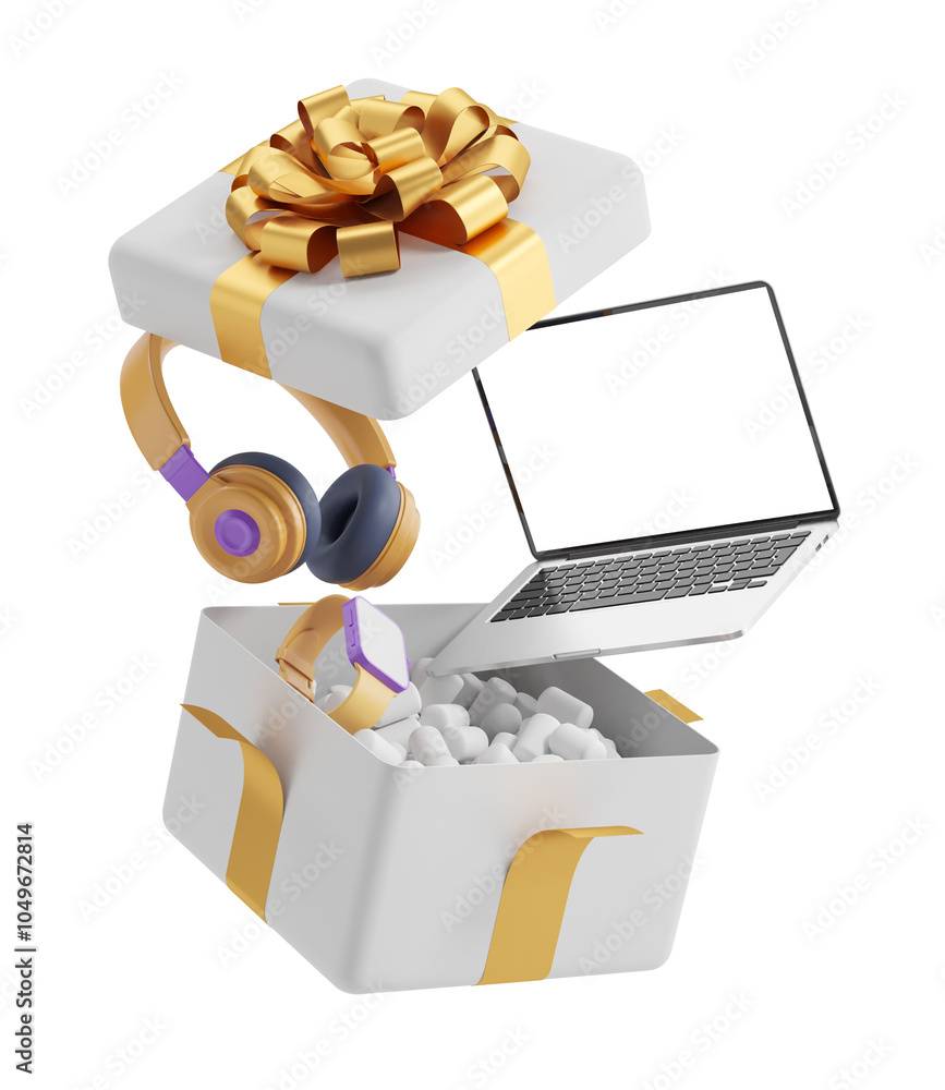 Open gift box with gold ribbon, laptop, headphones, and smartwatch on a ...