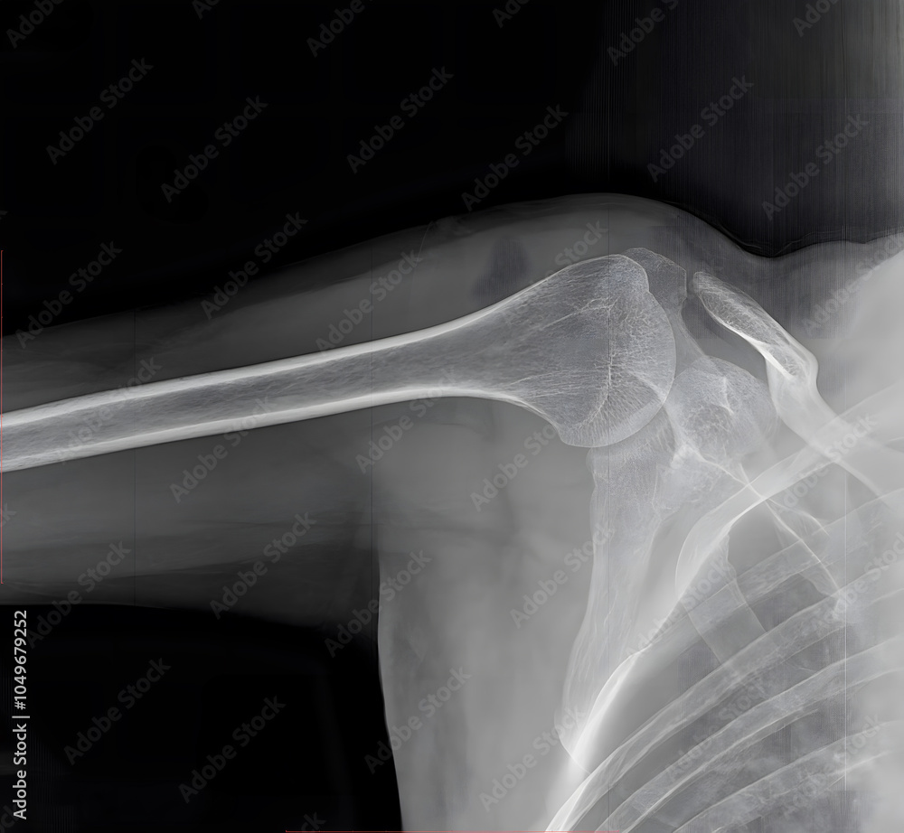 Lateral shoulder X-ray showing detailed bone structure, medical ...