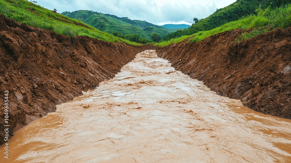 Water rushing down a hillside after a heavy rainstorm, causing ...
