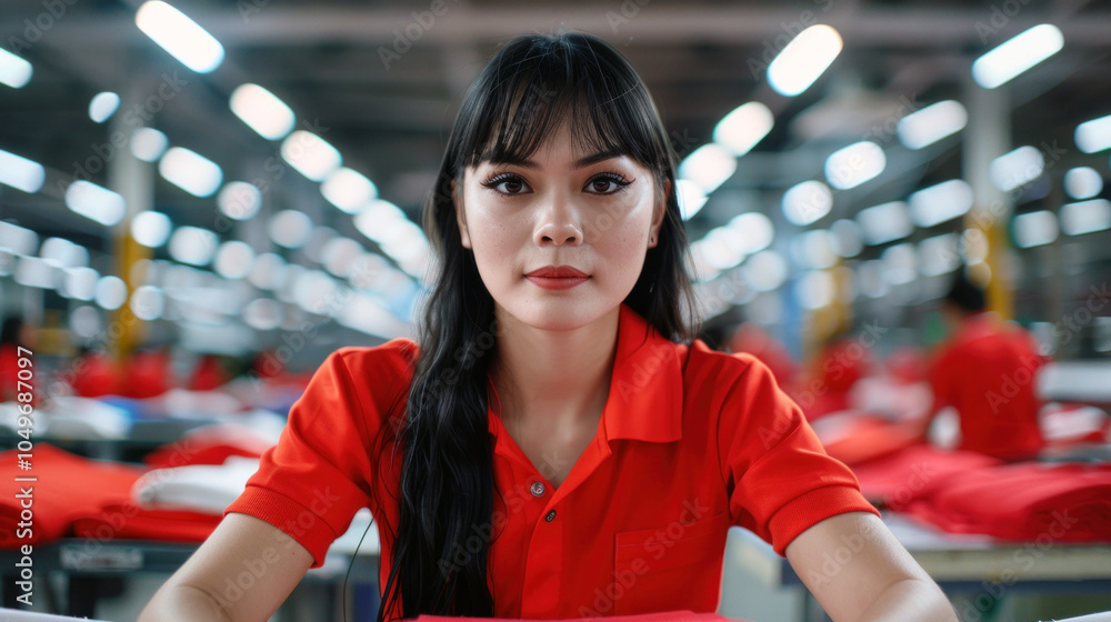 Young Asian female worker in a red uniform at a textile factory ...