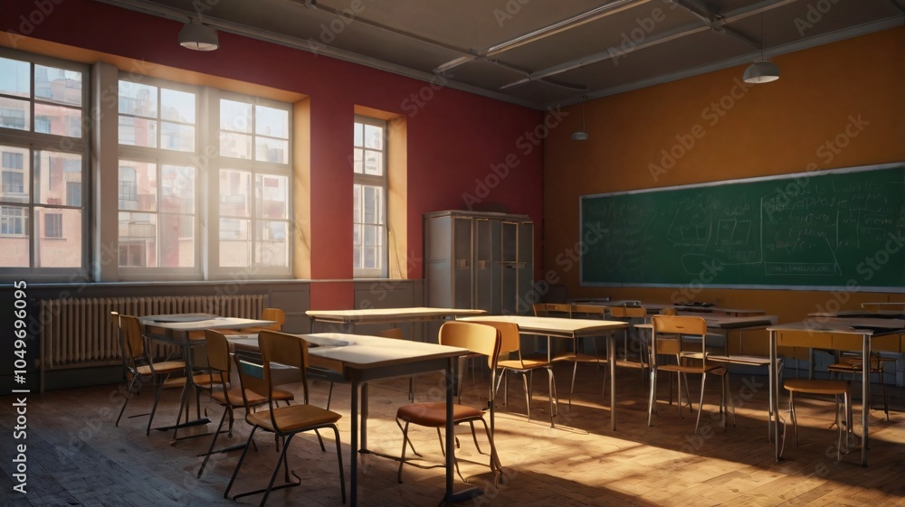 a lavishly detailed 3D render of a vacant classroom, devoid of tables ...