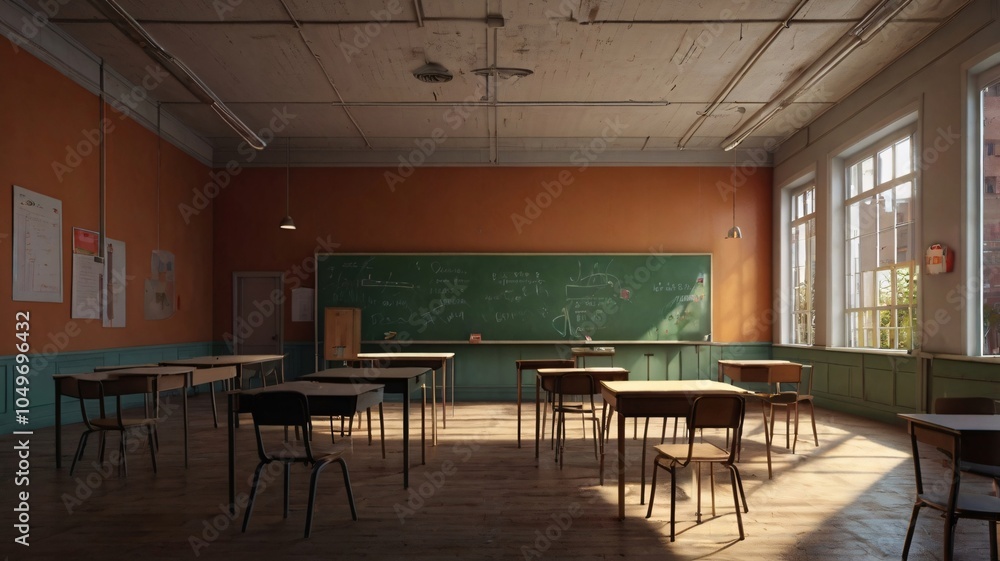 a lavishly detailed 3D render of a vacant classroom, devoid of tables ...